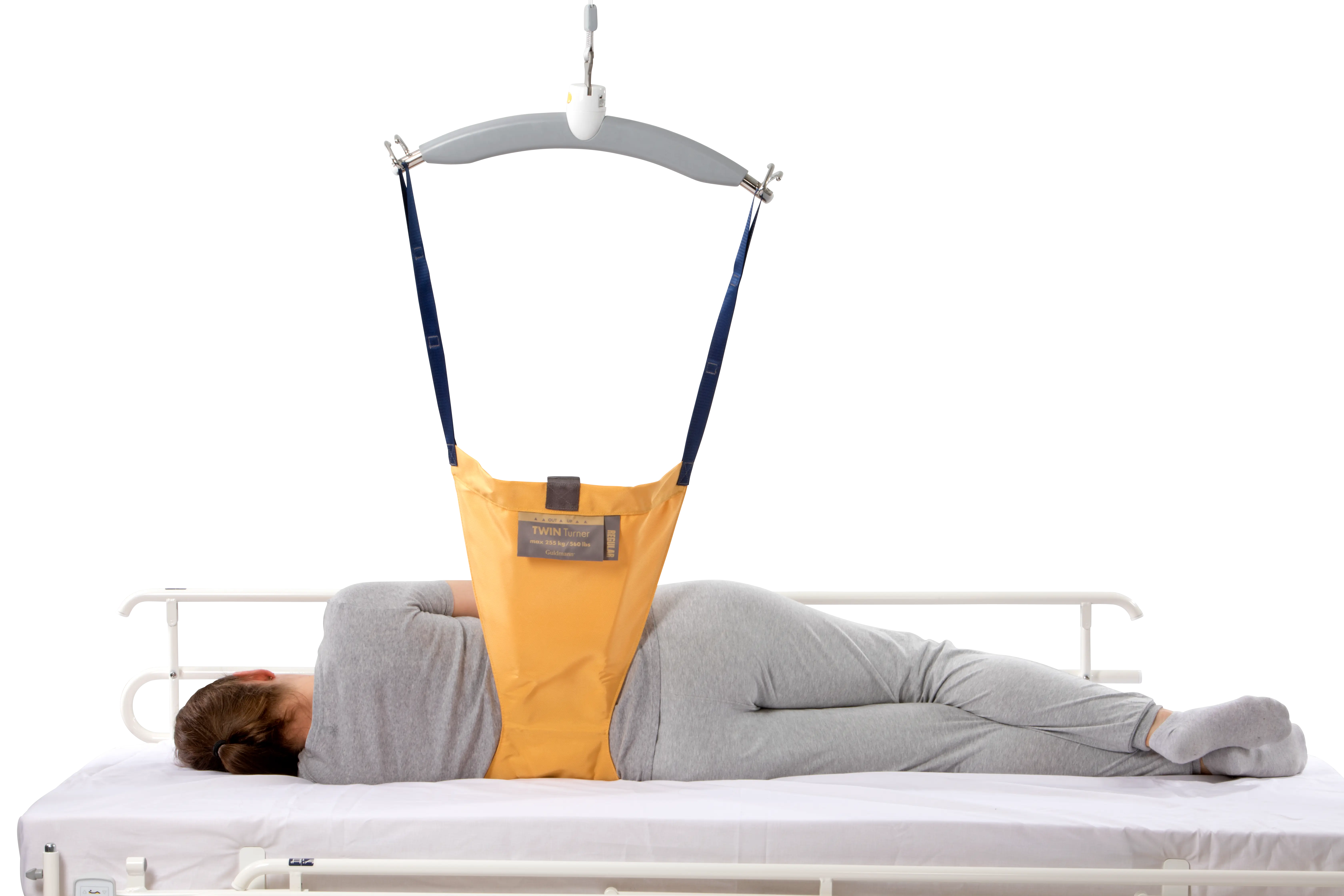 Double turning sling for sideways positioning of a lying person, as ...